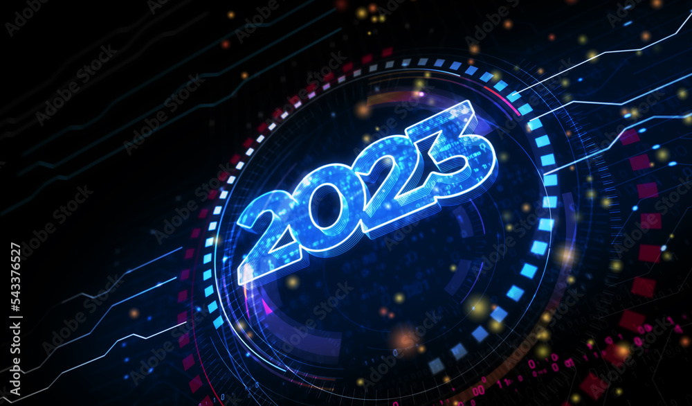 2023 year futuristic neon symbol digital concept 3d illustration Stock ...