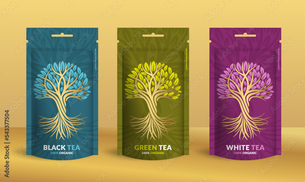 Tea packaging design with zip pouch bag mockup. Vector ornament ...