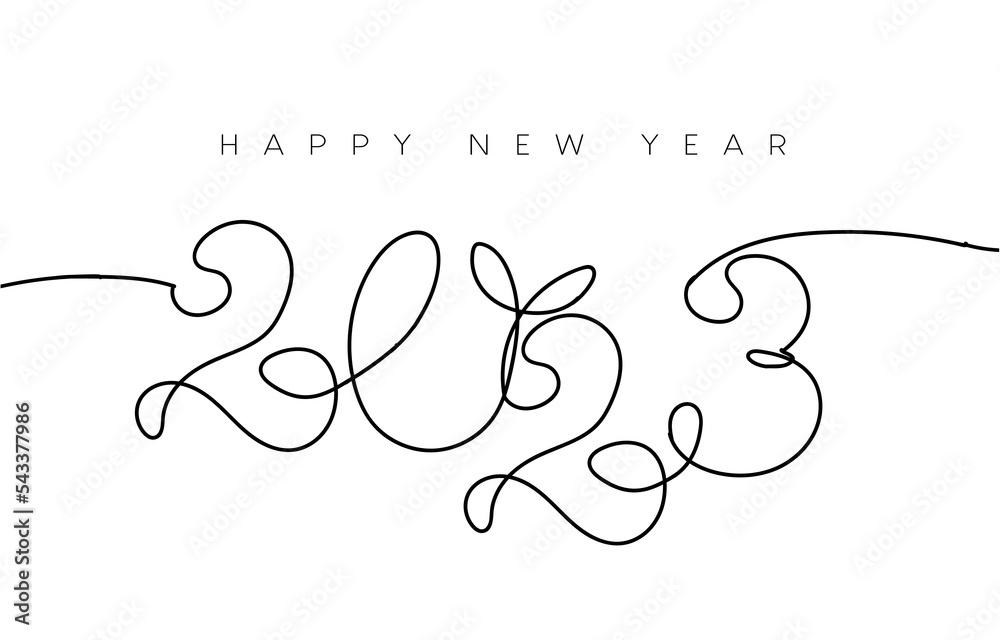 Continuous line drawing of New Year 2023 decorative lettering on white ...