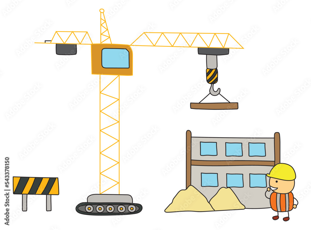Kids drawing vector Illustration of building construction scene with ...