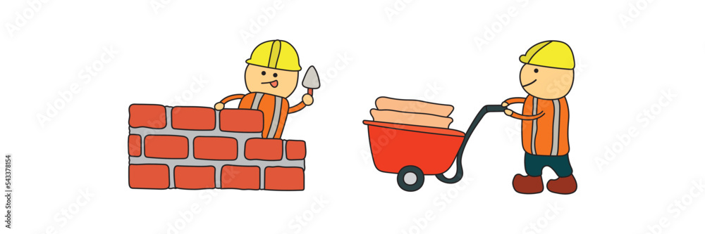 Kids drawing vector Illustration of construction workers building a ...