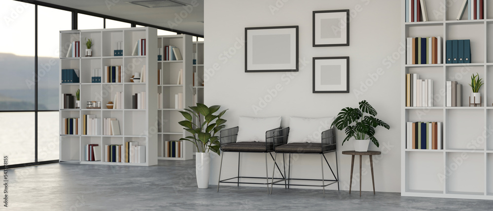 Modern minimal library interior design with white bookshelves ...