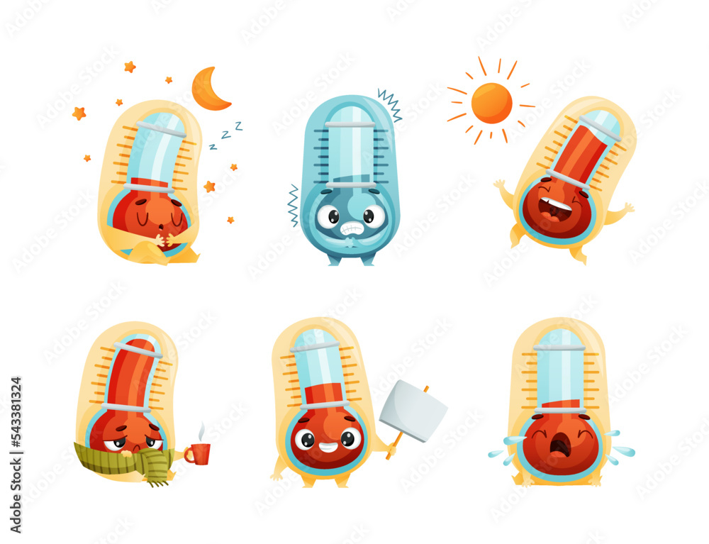 Cartoon Thermometer Character Engaged in Different Activity Vector Set ...