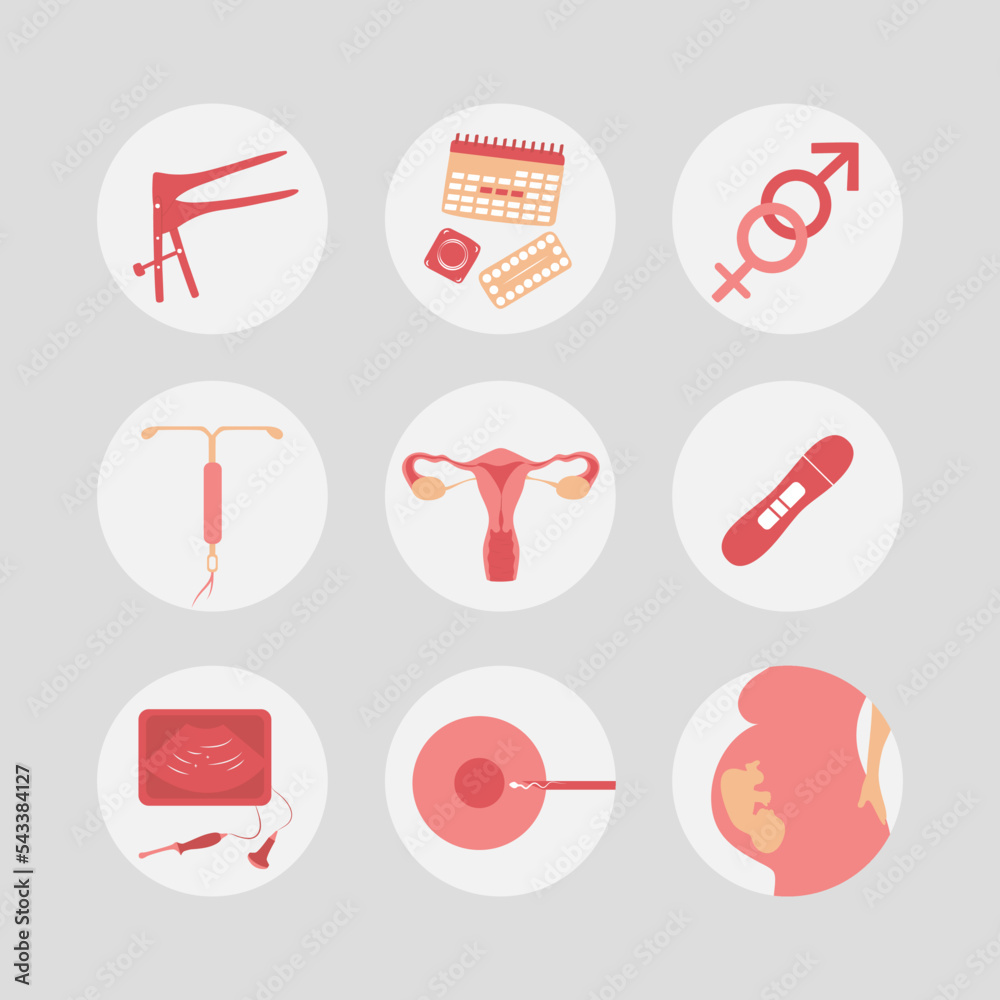 Woman fertility icon set. Obstetrics signs collection. Pregnancy ...