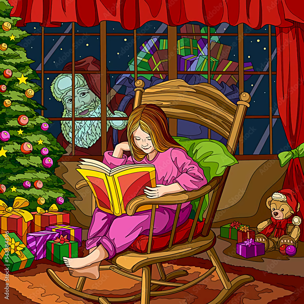 Merry Christmas, illustration of a girl reading a book on christmas eve ...