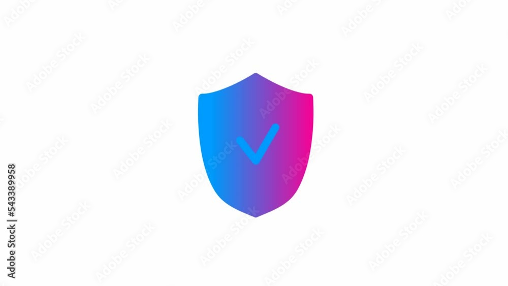 Animated pink blue symbol of shield with check mark. Radiance from rays ...