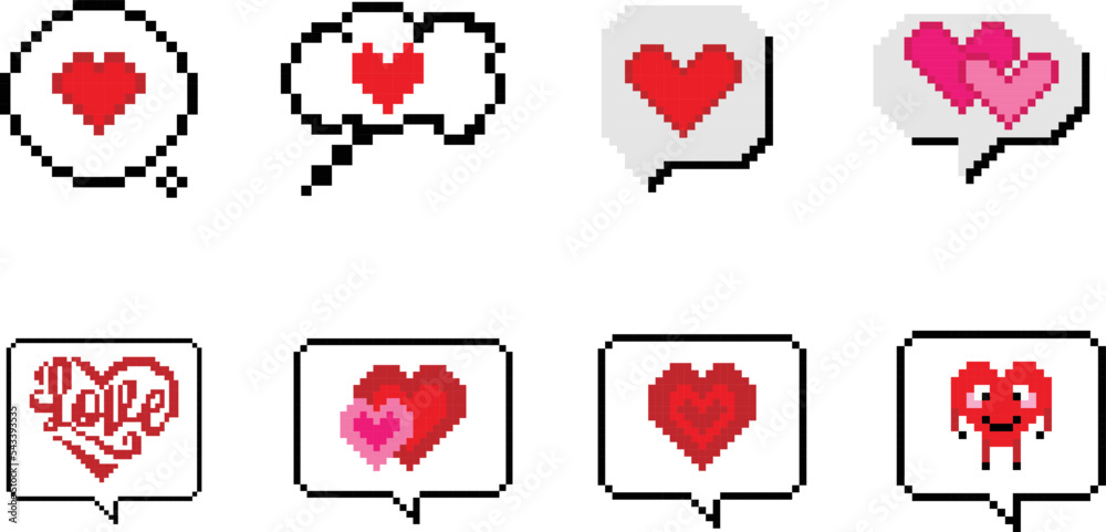 Heart speech bubble set pixel art. vector illustration. Stock Vector ...