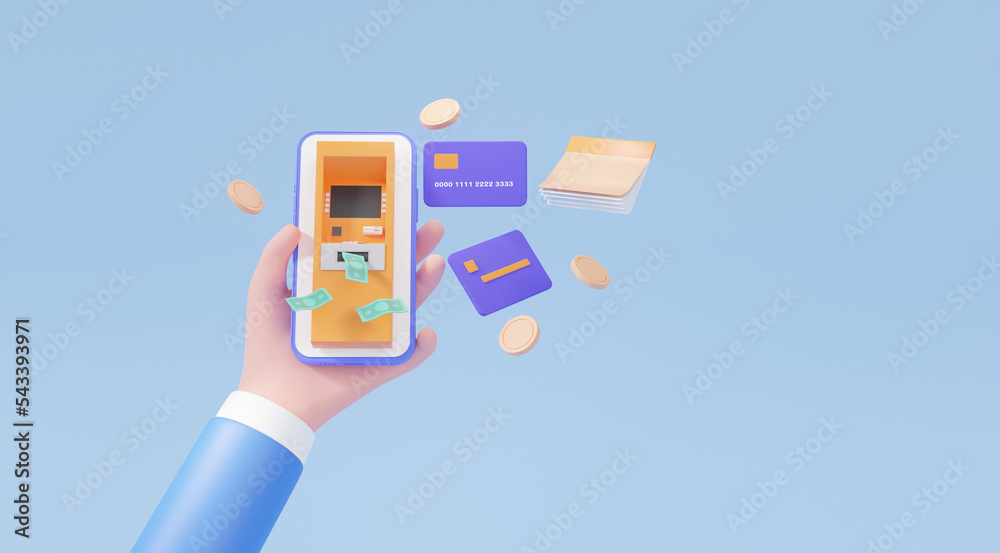 Hand holding phone on app mobile banking account atm automatic deposit ...