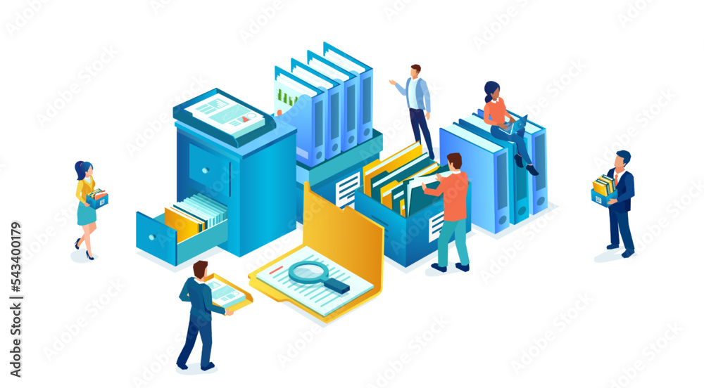 vector of office employees managing paper documents, file folders, and ...