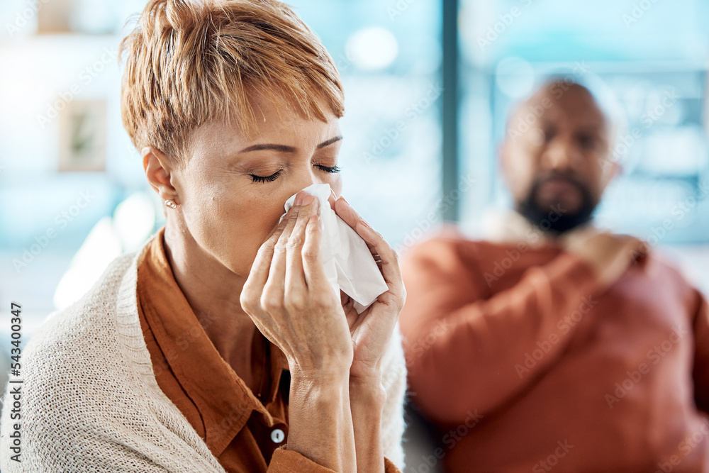 Crying, divorce and upset black couple on sofa sitting separate from ...