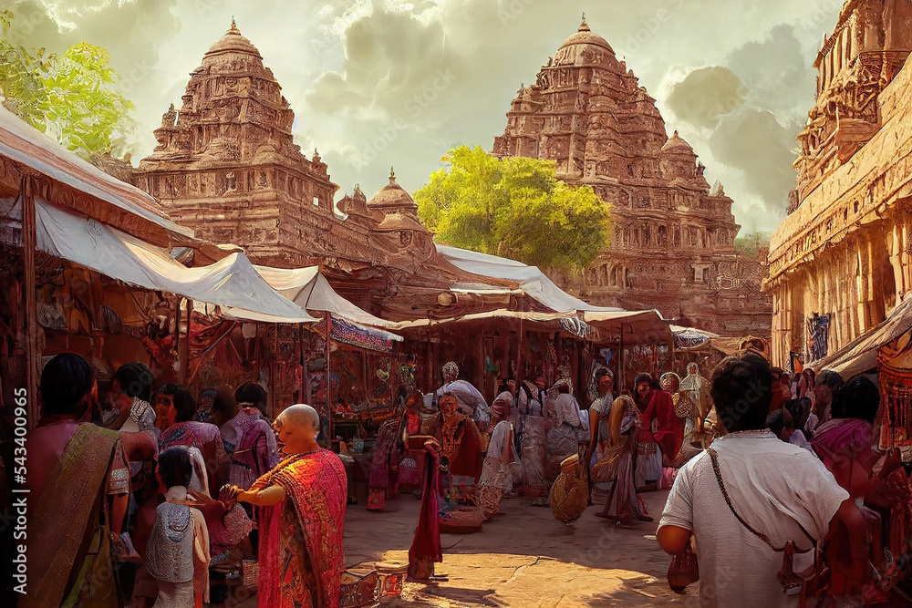 AI generated image of an ancient Indian market with many small shops ...