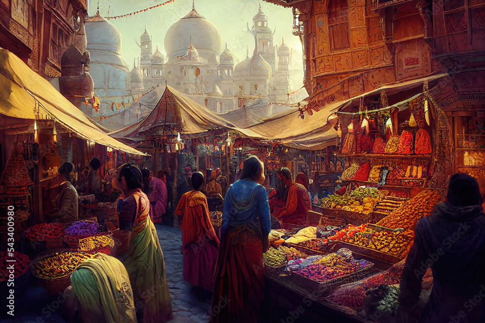 AI generated image of an ancient Indian market with many small shops ...