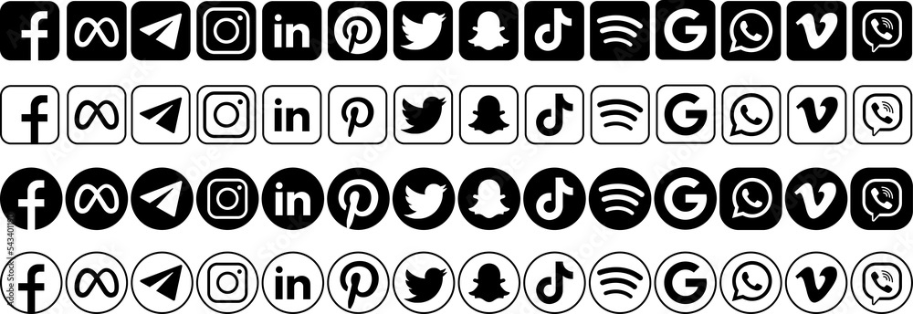 Icon set of popular social applications with rounded corners in black ... Icon set of popular social applications with rounded corners in black ...