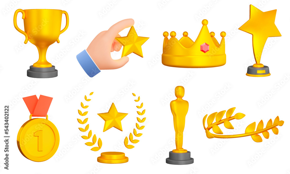 Reward 3d icon set. Awards of different forms. The nomination. Laurel ...