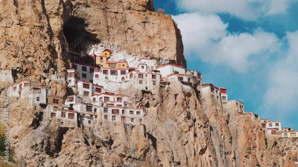 4K shot of Phugtal Monastery made in a natural cave near Purne village ...