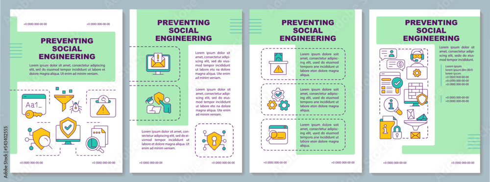 Preventing hacking attacks green brochure template. Social engineering ...