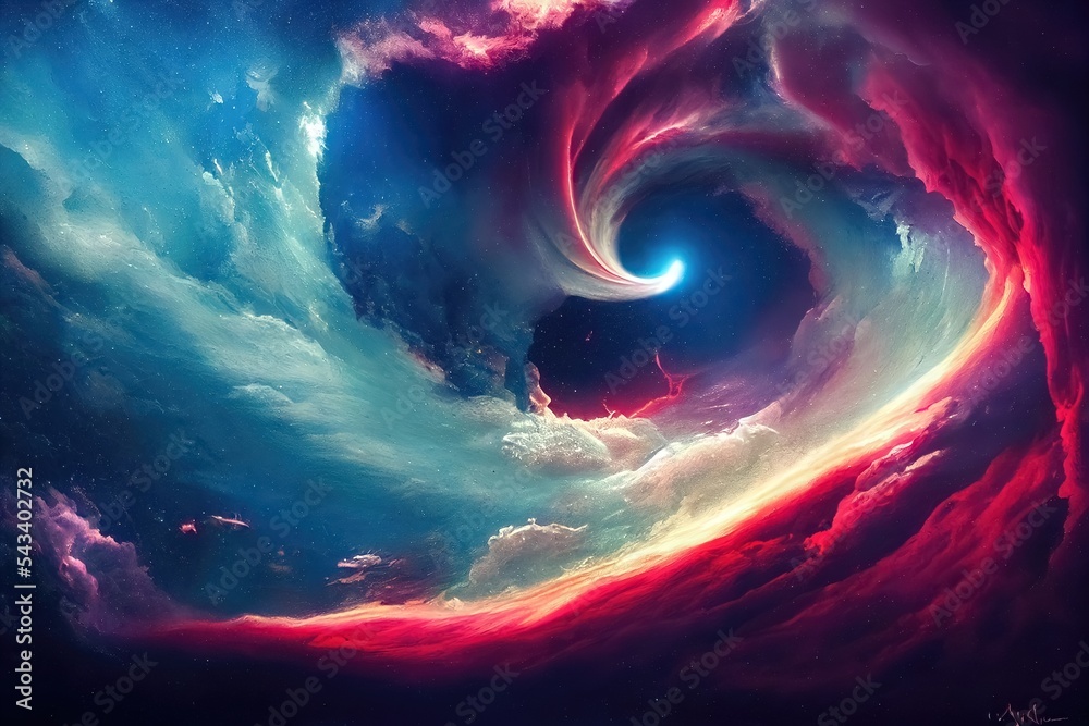 Raster illustration of colorful clouds twisted into a spiral. Biosphere ...