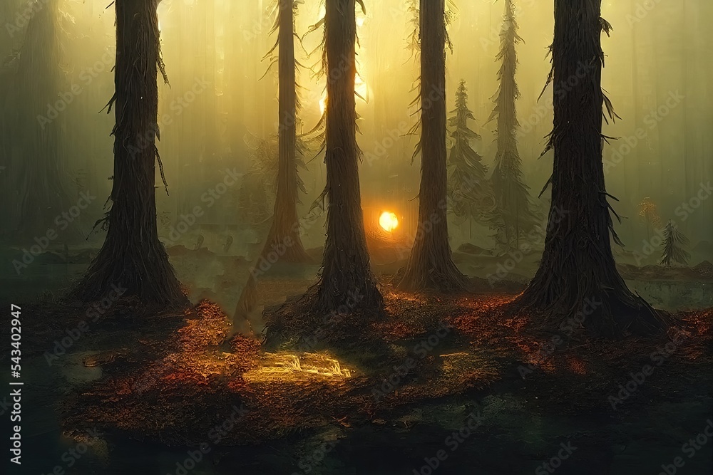 Raster illustration of spooky empty road in dark evening forest under ... Raster illustration of spooky empty road in dark evening forest under ...