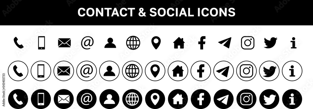 Contacts vector icons, social icons in black color flat style. Icons ...