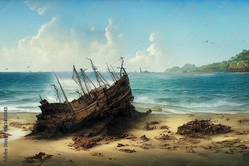 Shipwreck on the beach of a sandy island fantasy landscape Stock ...