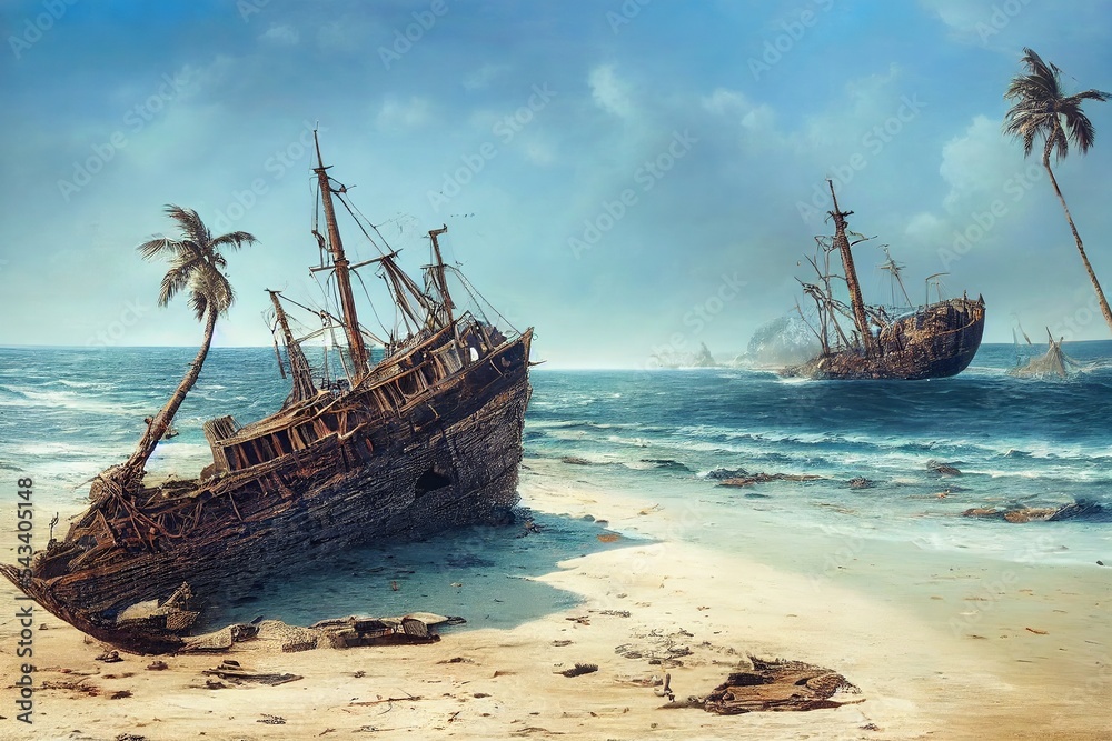 Old Shipwrecks Stuck In Sand After Huge Battle In The Sea Stock