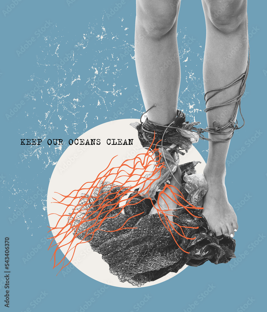 Contemporary art collage of woman with lots of garbage, plastic ...