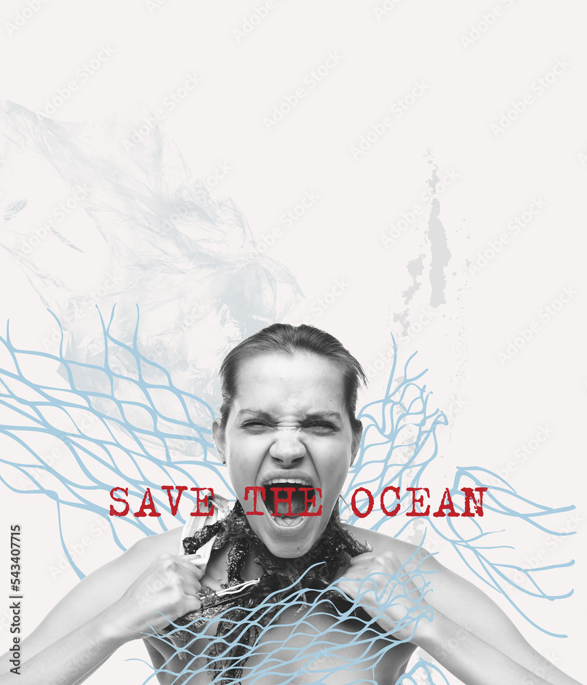 Scream. Shouting young woman tearing suffocating plastic trash on her ...