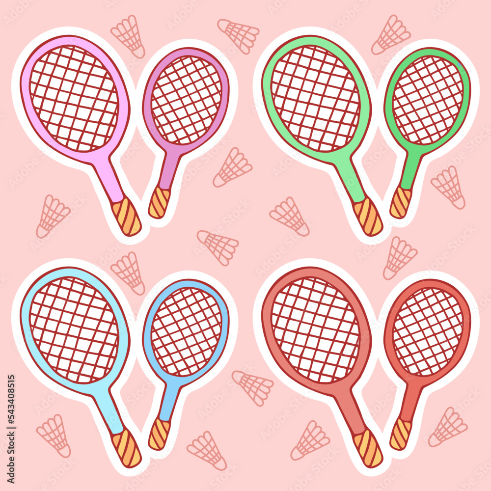 Cute hand-drawn set of badminton or tennis rackets in doodle cartoon ...