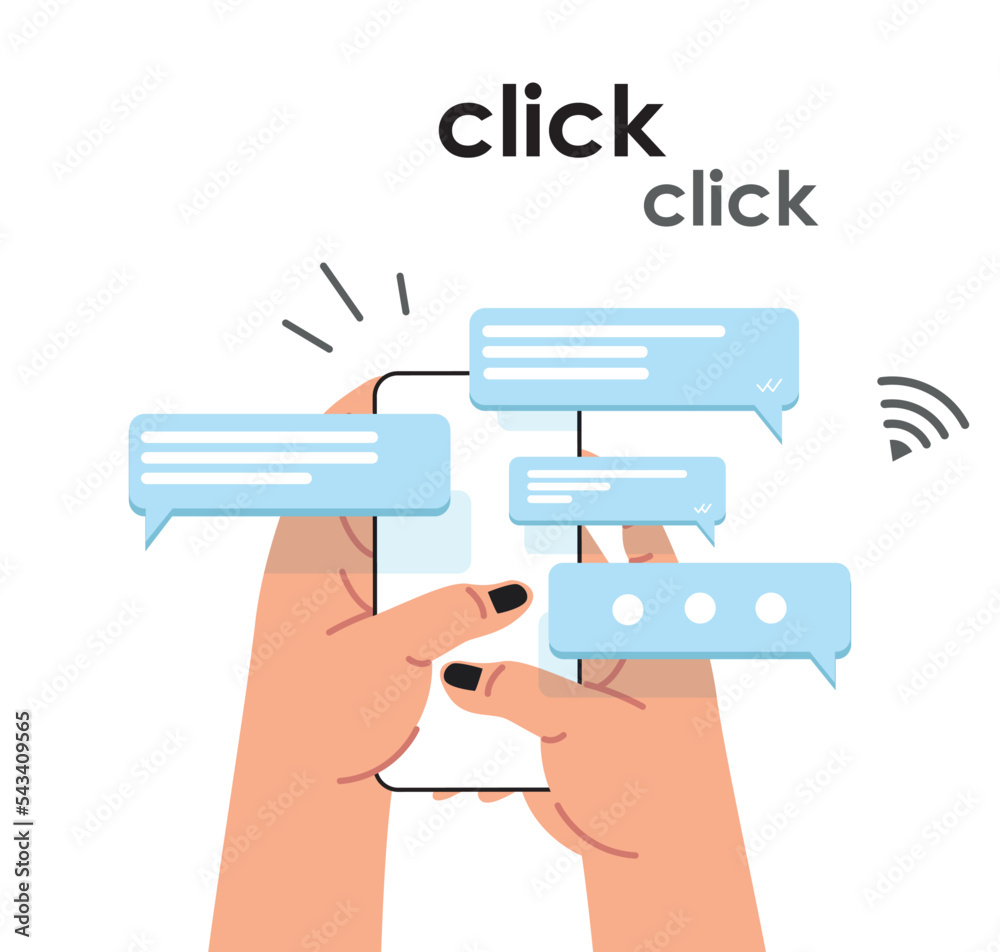 Vecteur Stock Hands holding phone and typing messages. A person sending messages. Chatting on ...