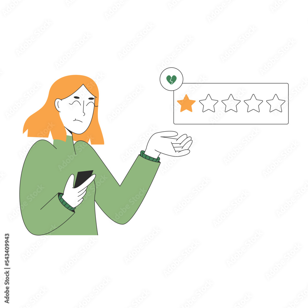 woman giving negative feedback to bad service. One star rating customer ...