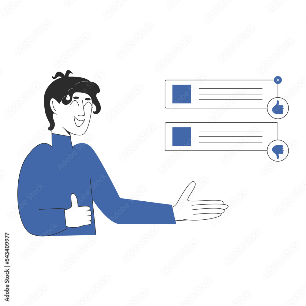 Happy man giving feedback to social media post. Customer satisfaction ...