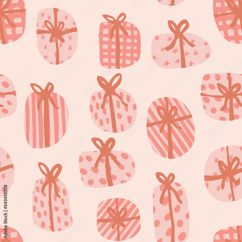 Patterned gift boxes in pastel pink and bubblegum-pink on off-white ...
