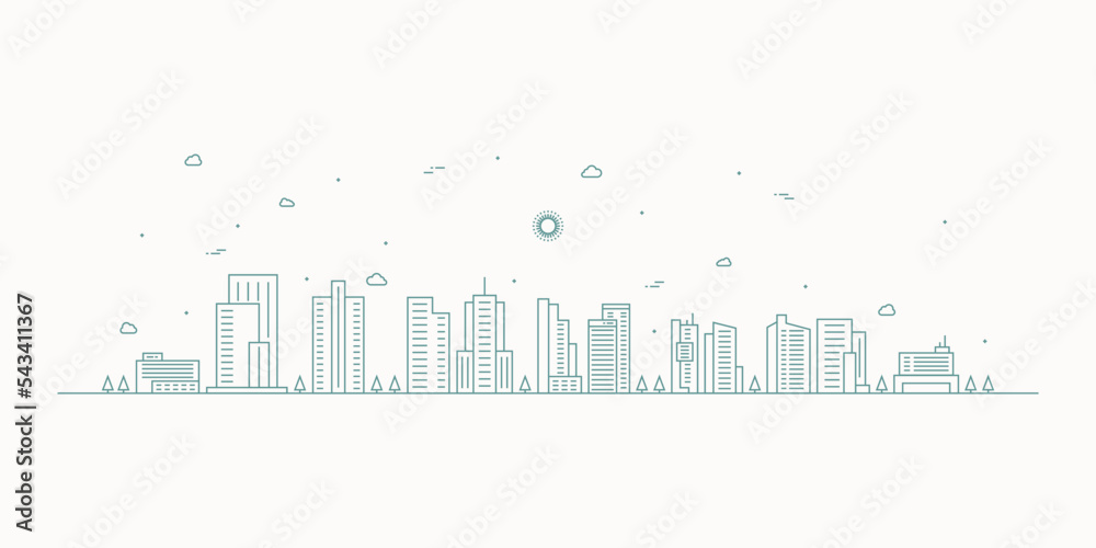 Cityscape. Modern flat line landscape vector. City landscape line art ...