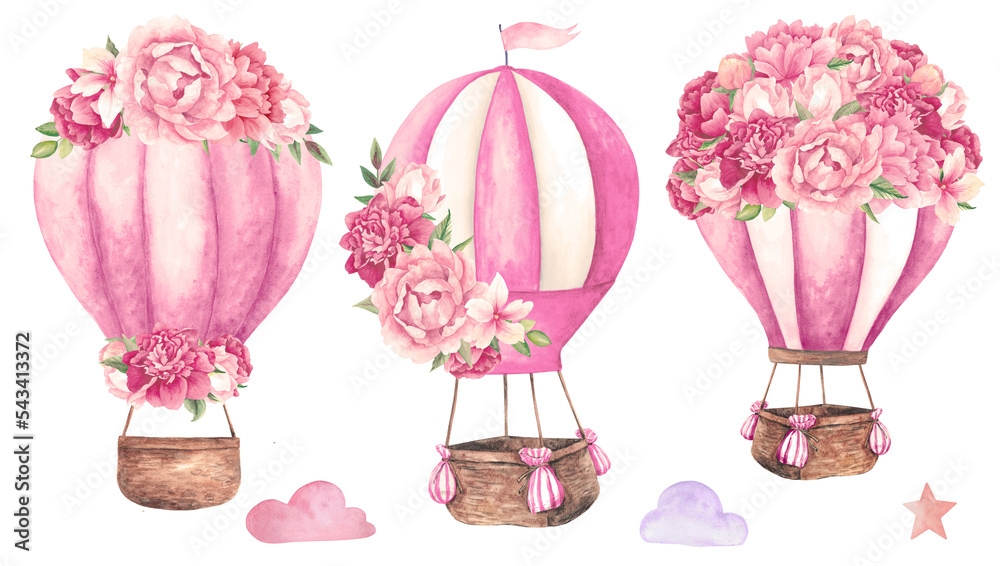 Watercolor Pink Hot Air Balloons Clipart, Pink and Burgundy Flowers PNG ...
