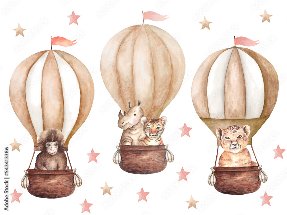 Watercolor Hot Air Ballon Clip Art, Cute Jungle Baby Animals PNG Stock ...