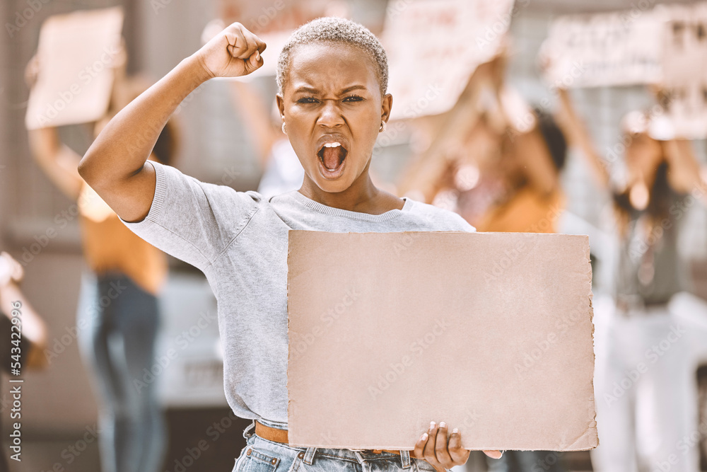Protest cardboard mock up and black woman in crowd or street portrait ...