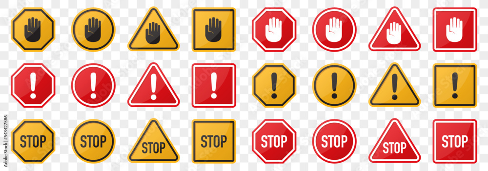 Stop sign collection. Set of hazard warning attention sign. Vector ...