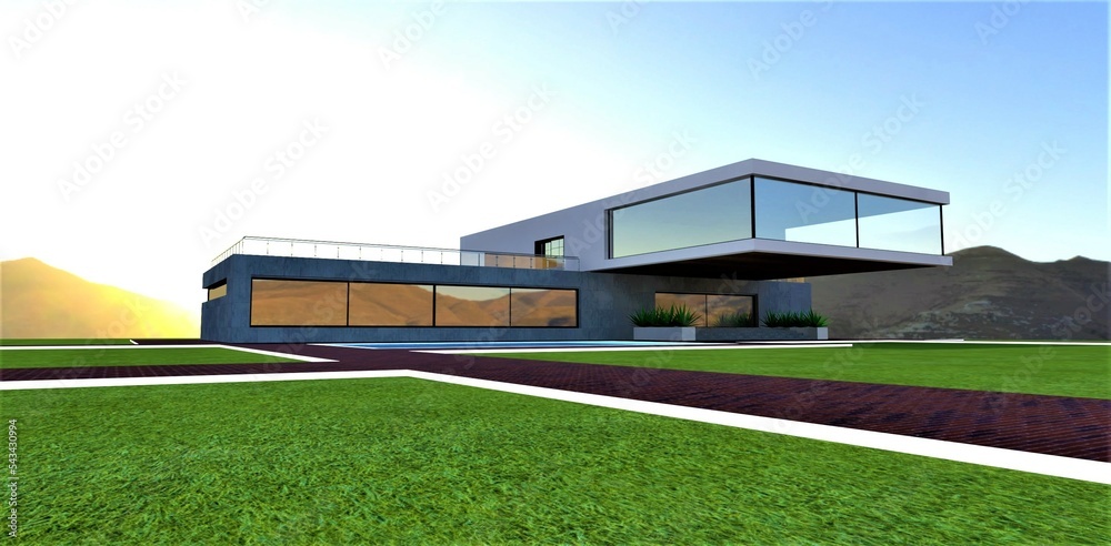 Nearest future. Tecnological suburban house in the mountains at the ...