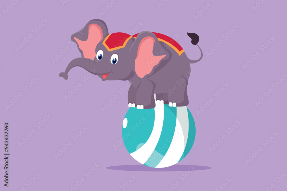 Cartoon flat style drawing a cute elephant stands on the ball with all ...