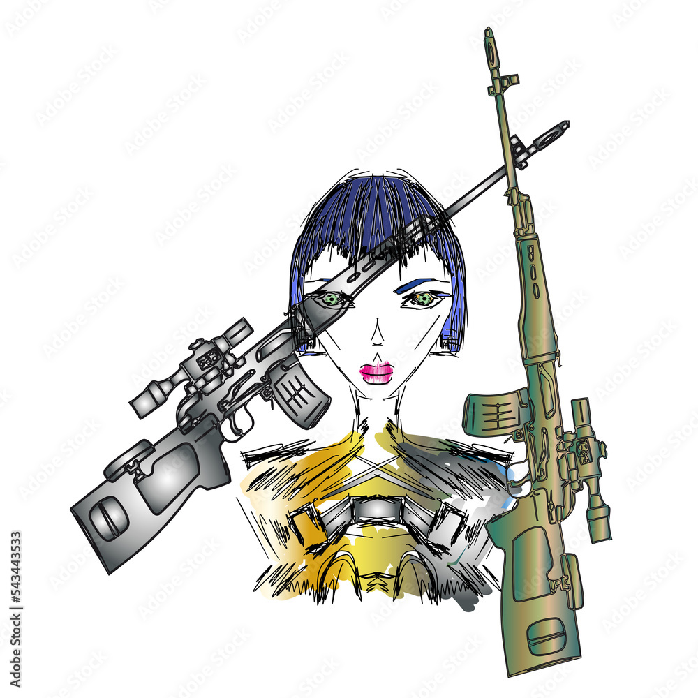 Teen girl warrior, sniper with blue hair and bob haircuts with bangs ...