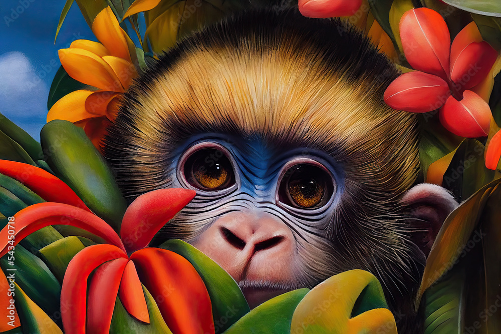 Cute fluffy monkey peeking out of the flower jungles. Amazing tropical ...