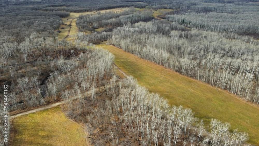 Drone looking down onto late fall fields and a barren looking forest ...
