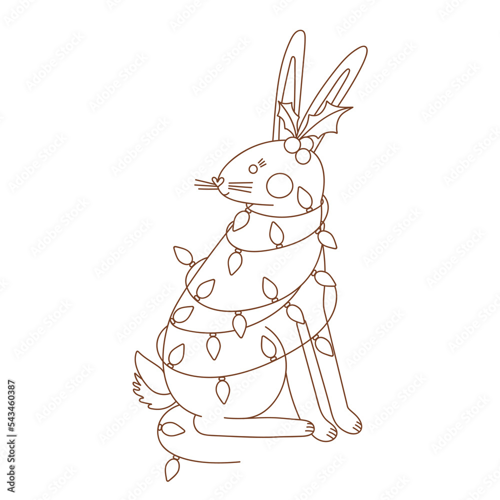 Coloring page outline of Christmas rabbit. 2023 is the year of the ...