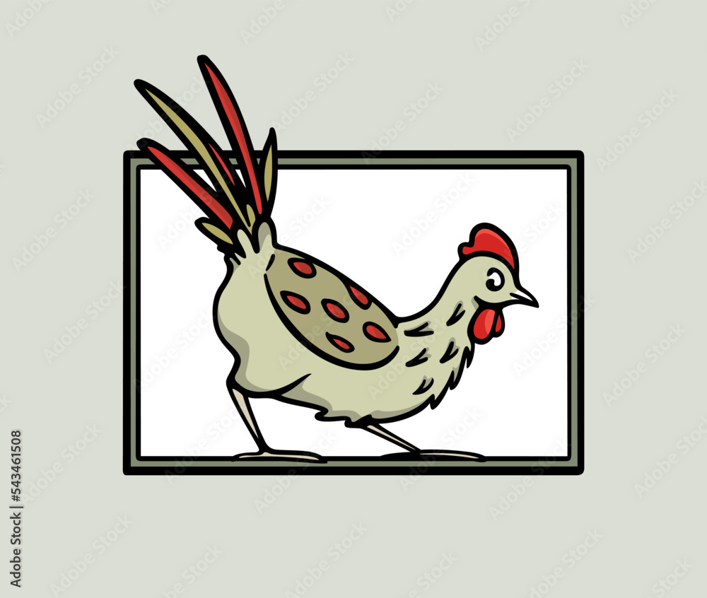 Vector card with hand drawn playful chicken in austere frame. Beautiful ...