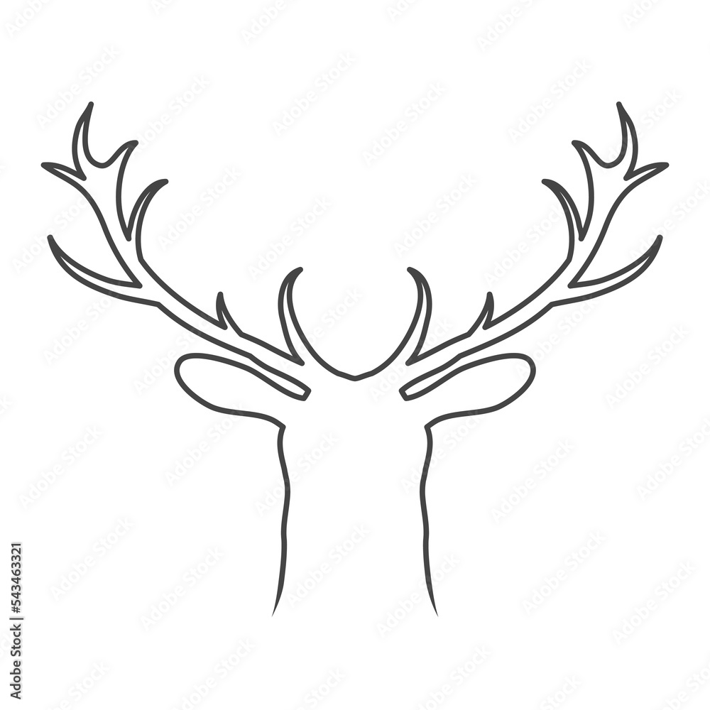 Red deer head with big antlers. Black line silhouette. Forest herbivore ...