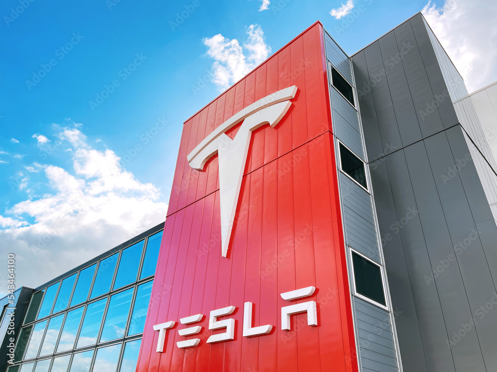 Tesla logo on building of the branch in Amsterdam, Netherlands Stock ...