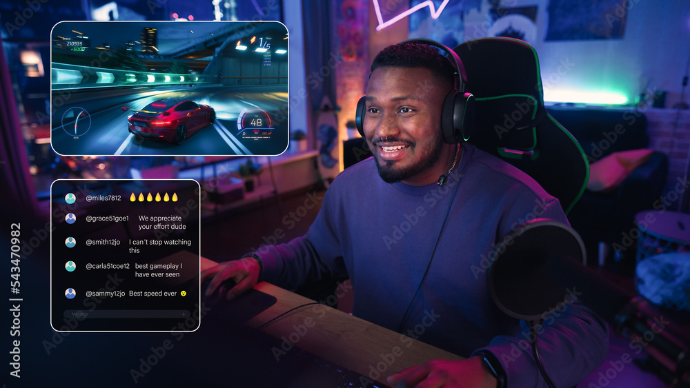 Excited African American Streamer Playing a Racing Video Game. Man ...