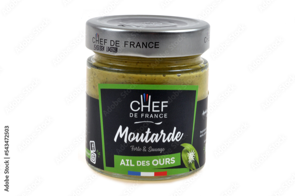 Pot de moutarde forte ail des ours de la marque Chef de France sur fond ...
