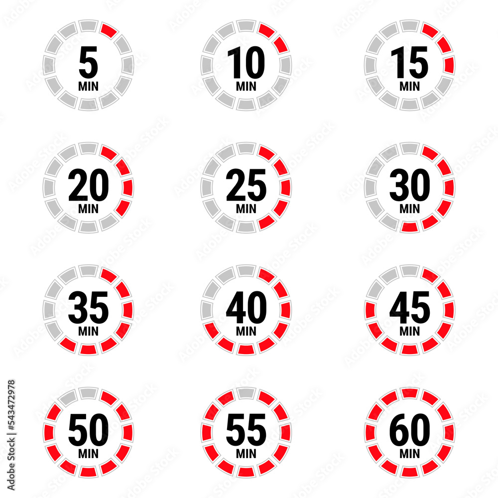 5, 10, 15, 20, 25, 30, 35, 40, 45, 50, 55, 60 minute vector icon ...
