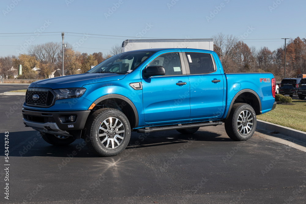 Ford Ranger pickup truck display at a dealership. Ford offers the ...